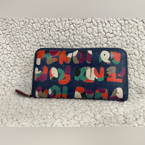 Fendi | Bags | Fendi Blue Multicolor Graffiti Vitello Elite Roma Zipper ...
